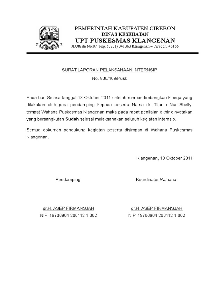 Surat Laporan Pelaksanaan Internship | PDF
