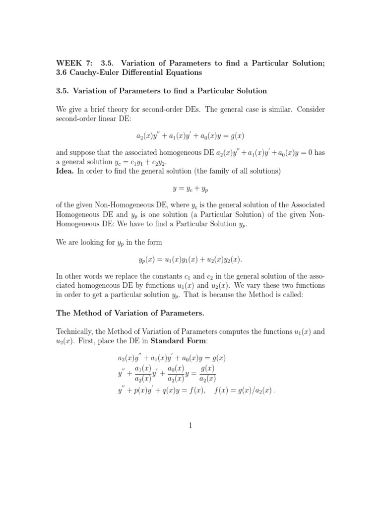 WEEK 7 3 5 Variation of Parameters To Find A Particular Solution 3 6 ... WEEK 7 3 5 Variation of Parameters To Find A Particular Solution 3 6 ...