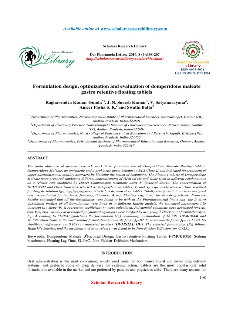 Formulation Design Optimization And Evaluation Of Domperidone Maleate Gastro Retentive Floating
