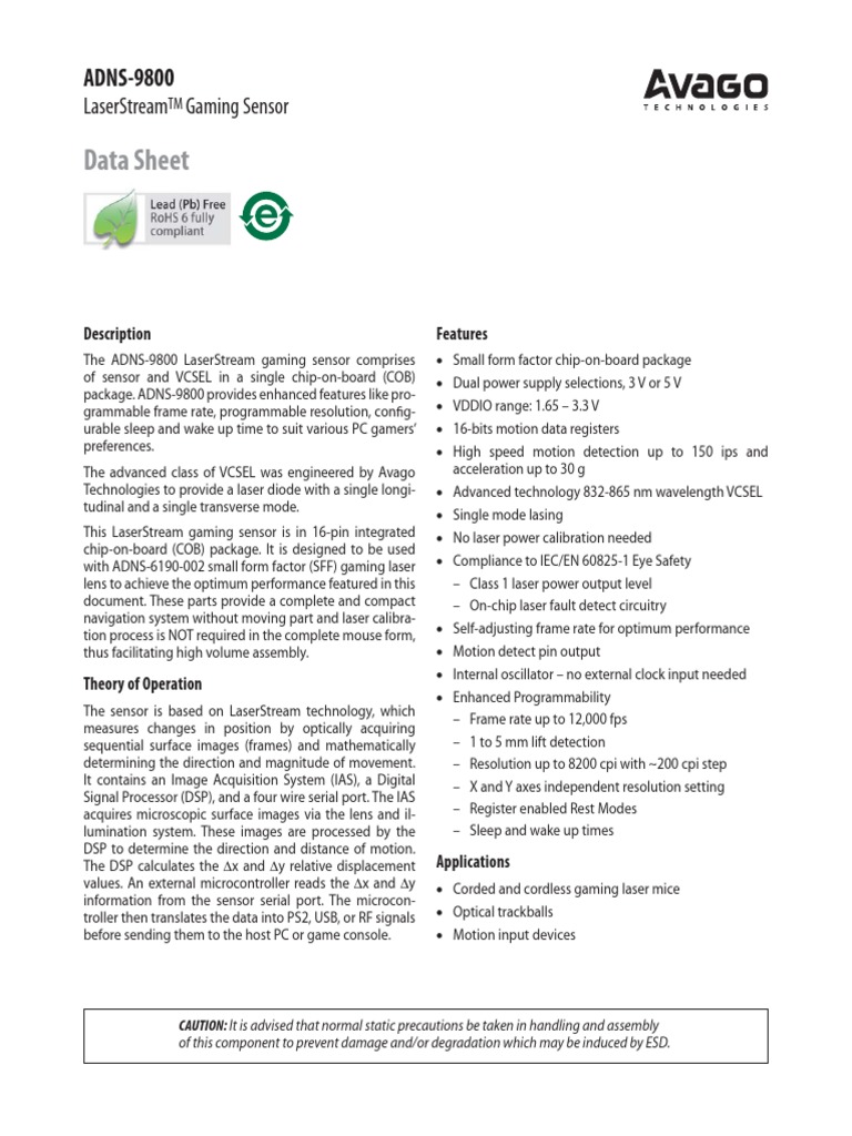 Avago ADNS-9800 Datasheet | PDF | Computer Engineering | Digital Technology