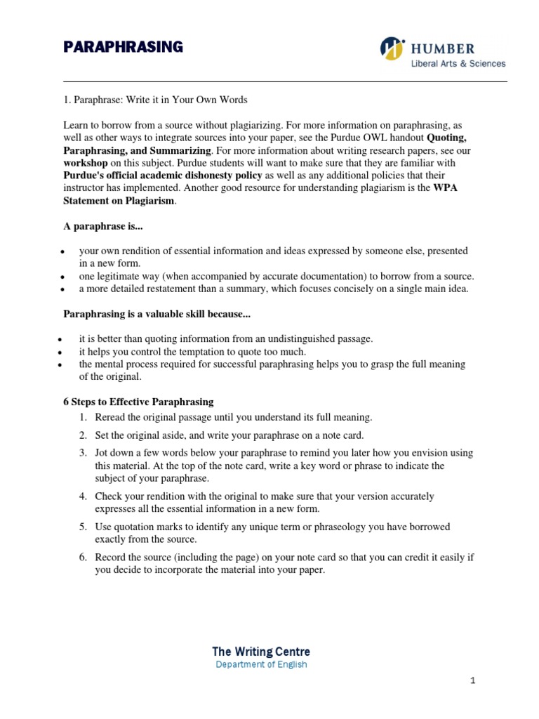 Paraphrasing PDF | PDF | Plagiarism | Academic Publishing