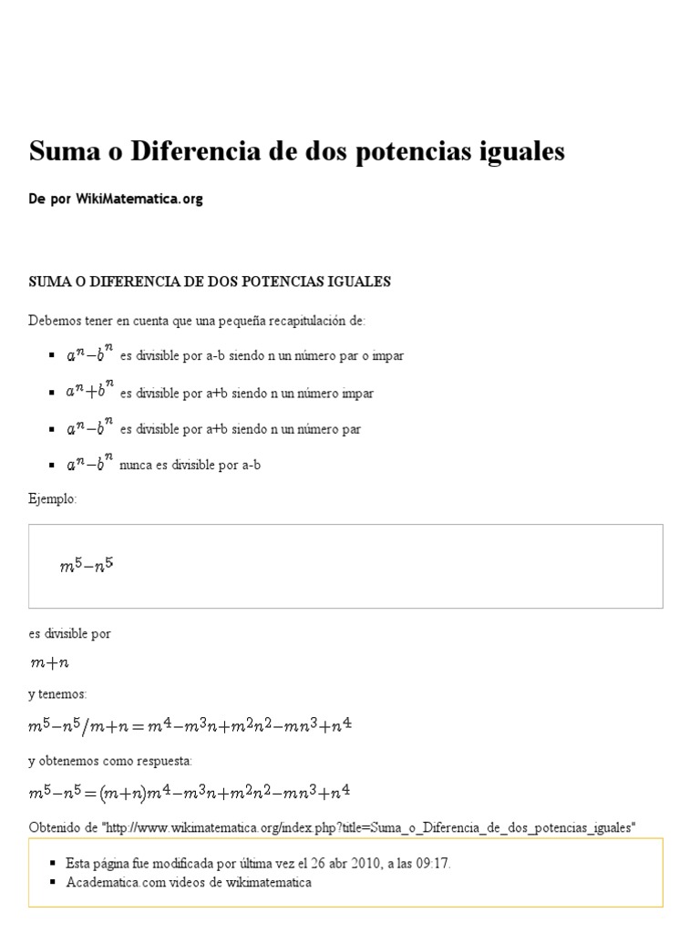 Suma o Diferencia de Dos Potencias Iguales, Por WikiMatematica PDF | PDF