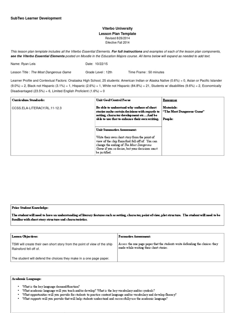 Most Dangerous Game Lesson Plan | PDF | Lesson Plan | Applied Psychology