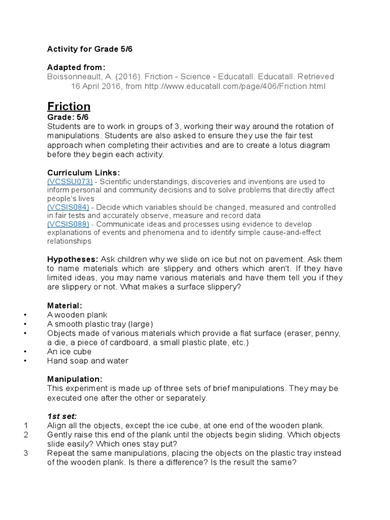 Friction Lesson Plan For Grade 5 | PDF | Ice | Science