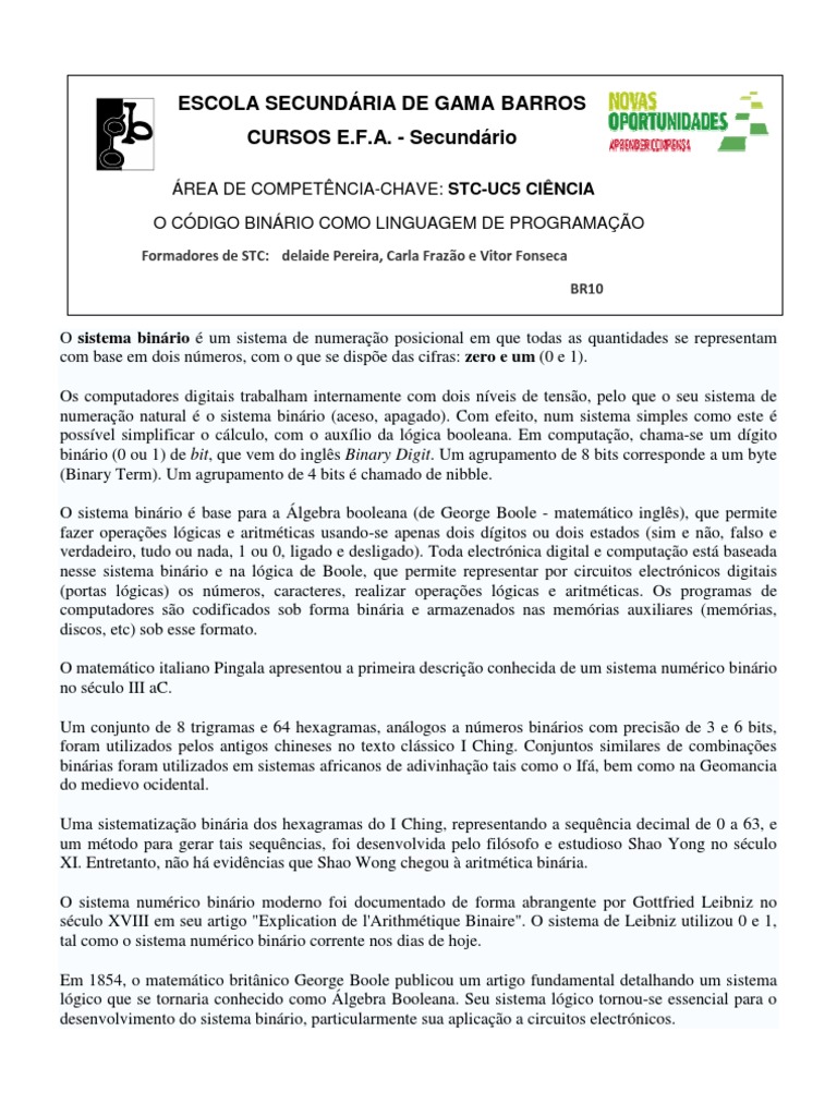 O Sistema Binário Pdf Codificação Binária Decimal Notação