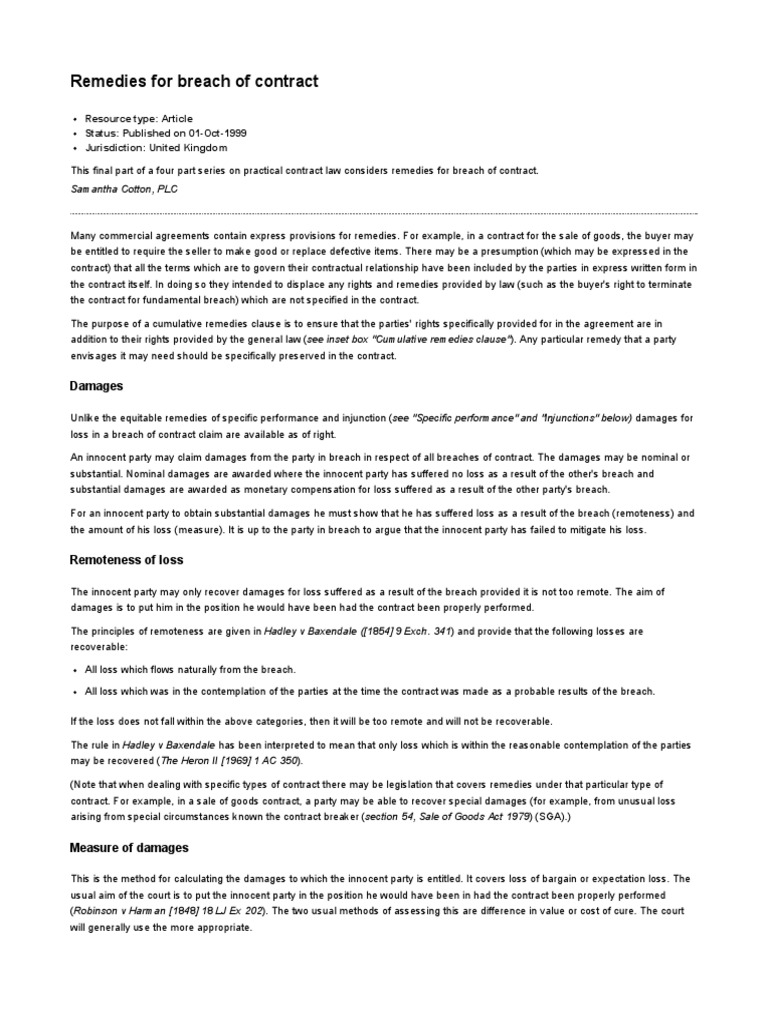 Remedies for Breach of Contract | PDF | Damages | Liquidated Damages