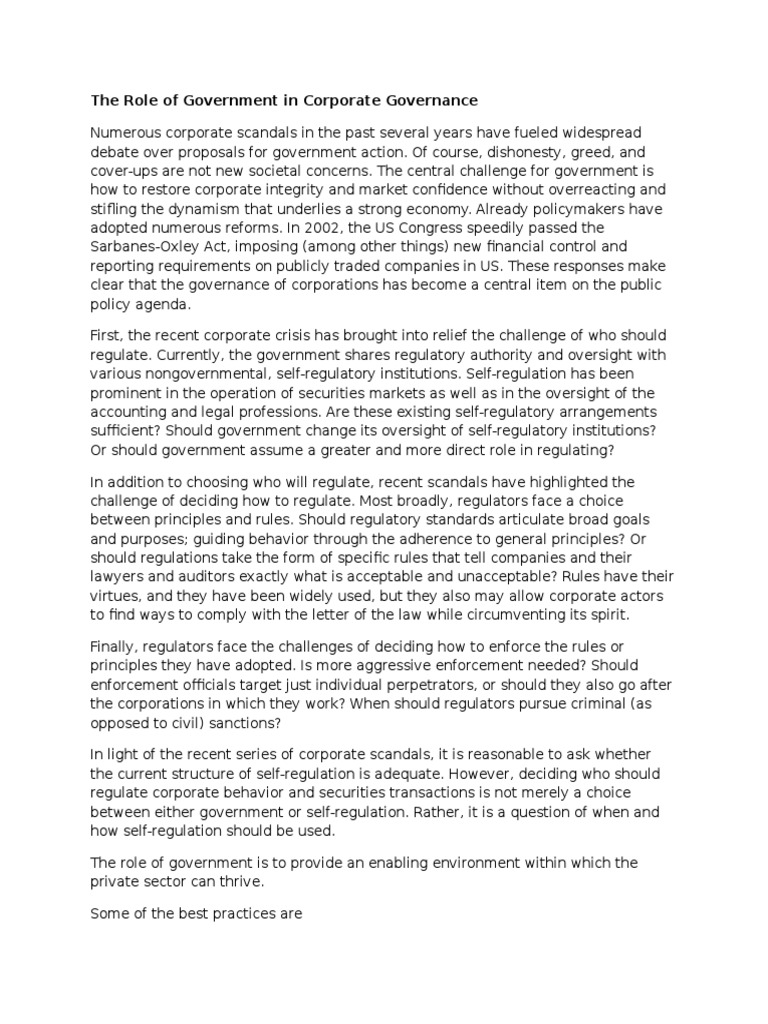 Role of Government in Corporate Governance | PDF | Corporate Governance | State Owned Enterprise