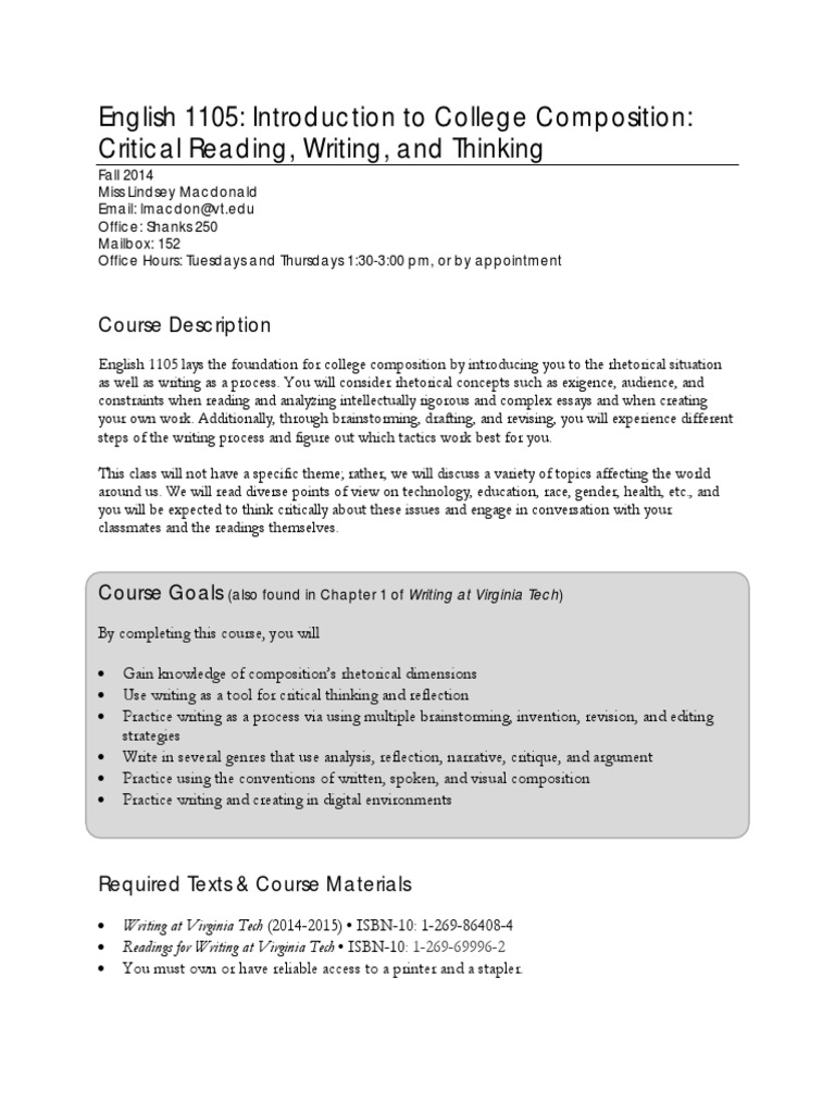 Virginia Tech ENGL 1105: Introduction To College Composition, Fall 2014 ...