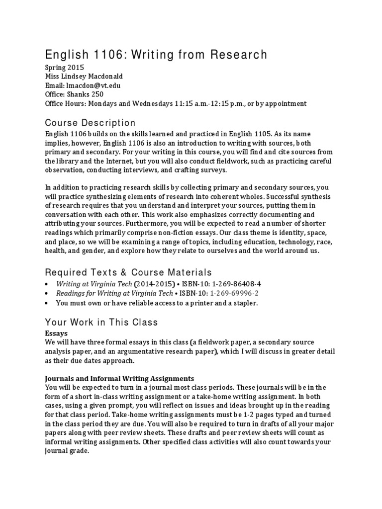 English 1106: Research Writing Course | PDF | Essays | Field Research