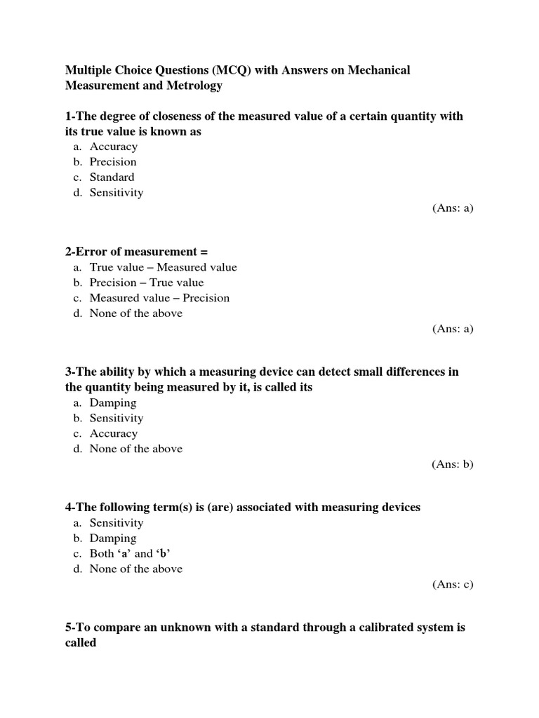 MCQs on Mechanical Measurement & Metrology | PDF | Inductor ...