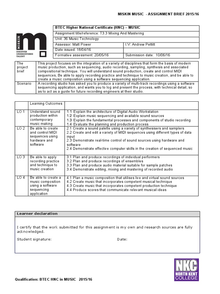 BTEC HNC Unit 36 Brief Music Technology | PDF | Synthesizer | Cognition