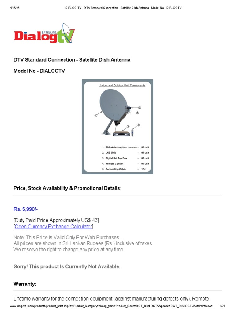 DIALOG TV - DTV Standard Connection - Satellite Dish Antenna - Model No ...