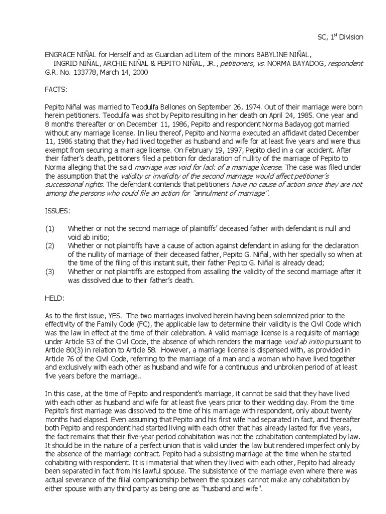 Ninal Vs Bayadog Digested | PDF | Annulment | Marriage