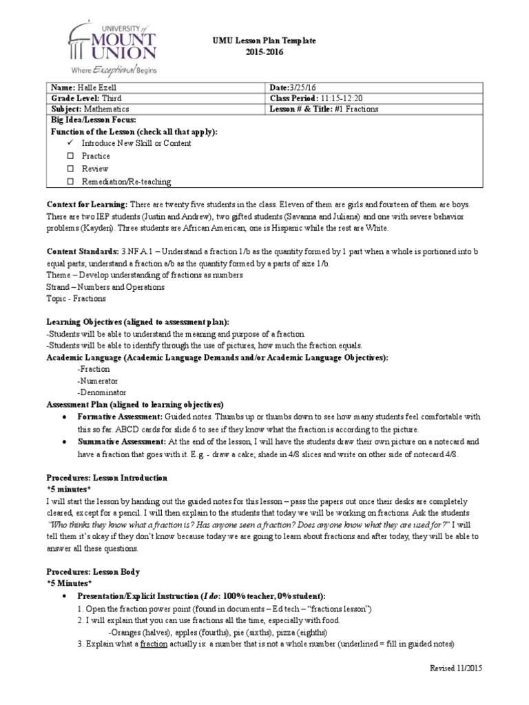 Lesson Plan For Fractions