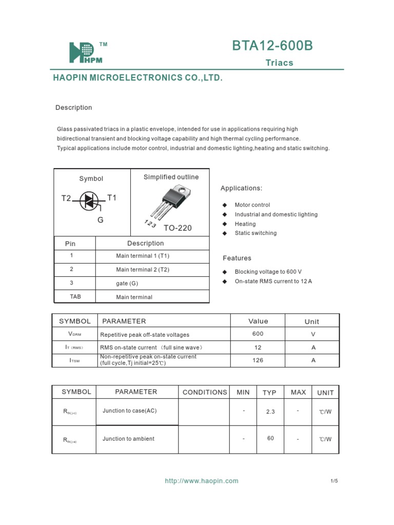 BTA12-600B Triac Specifications Guide | PDF | Technology & Engineering