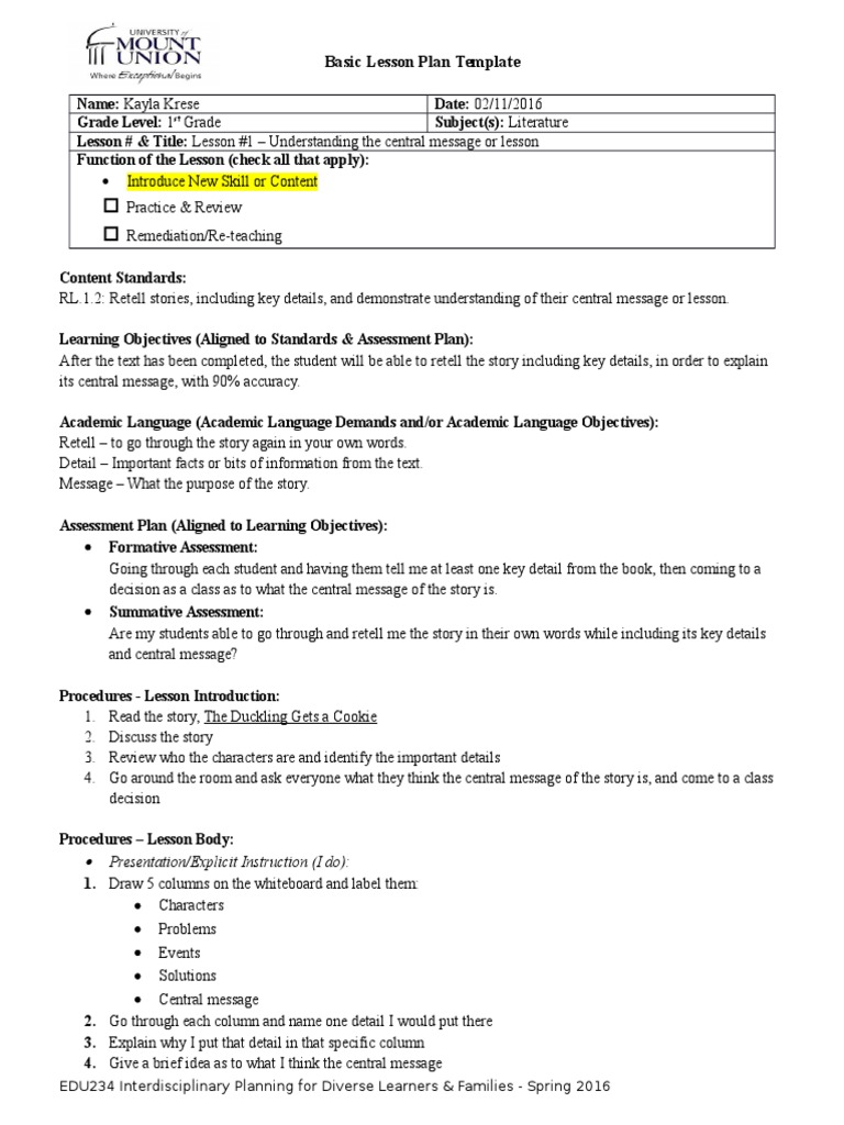 Basic Lesson Plan Template - Literature Assignment | PDF | Educational ...