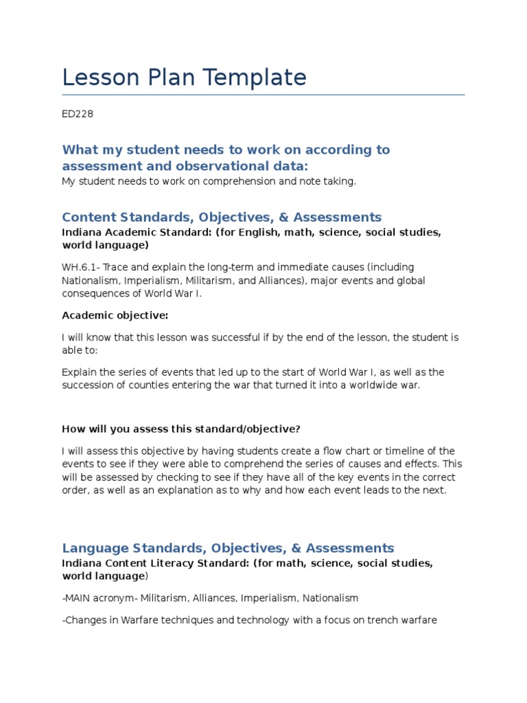 Wwi Lesson Plan Template | PDF | Lesson Plan | Understanding