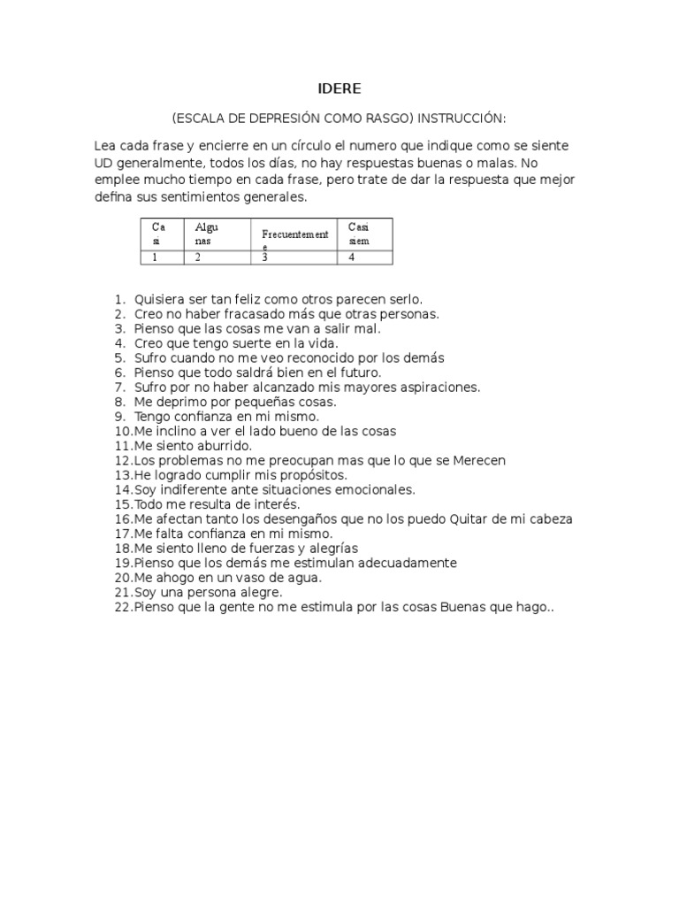 Test IDERE de Depresión | PDF