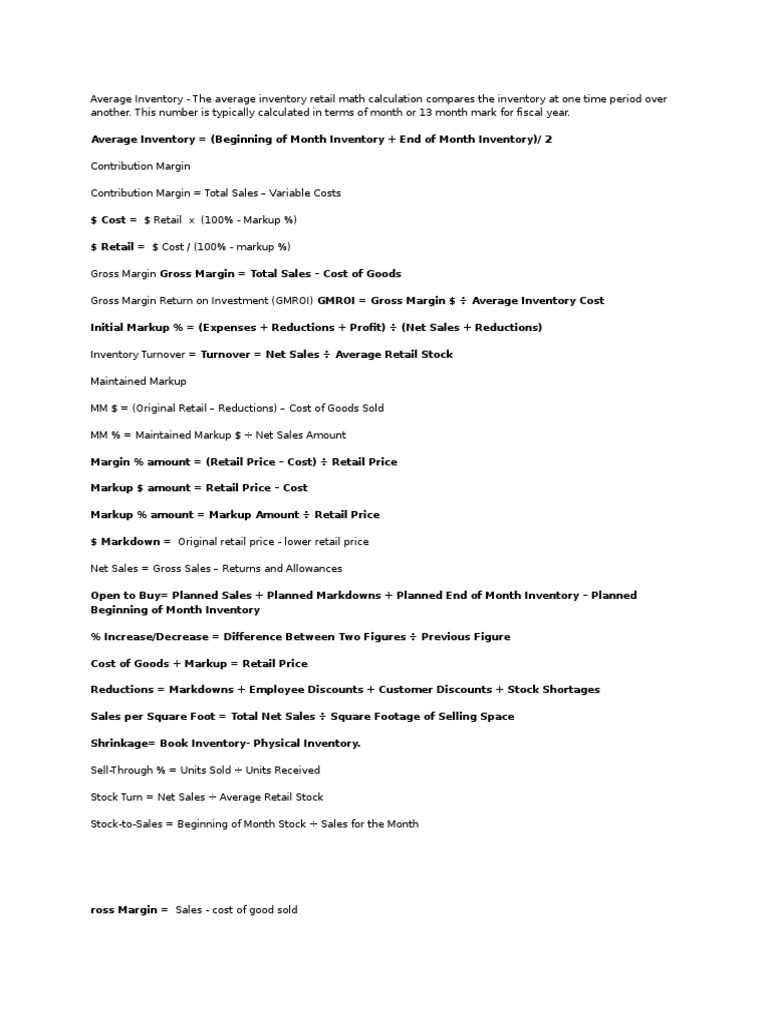 Retail Math Formulas | PDF | Gross Margin | Retail