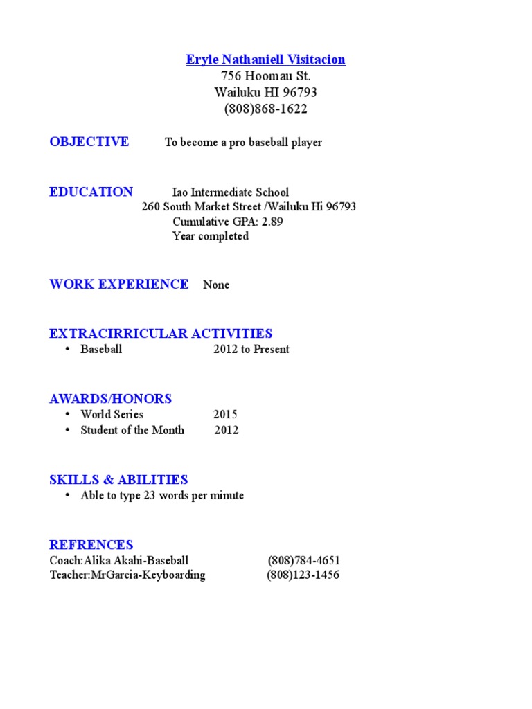 Aspiring Baseball Player Resume | PDF | Sports & Recreation