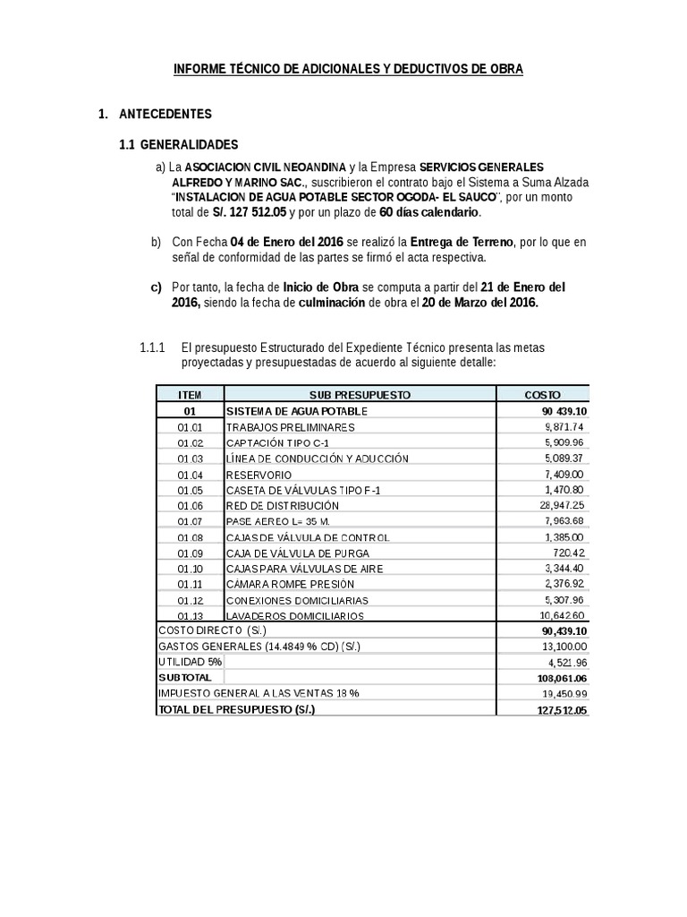 Informe Tecnico de Adicional de Obra | PDF | Presupuesto | Gobierno