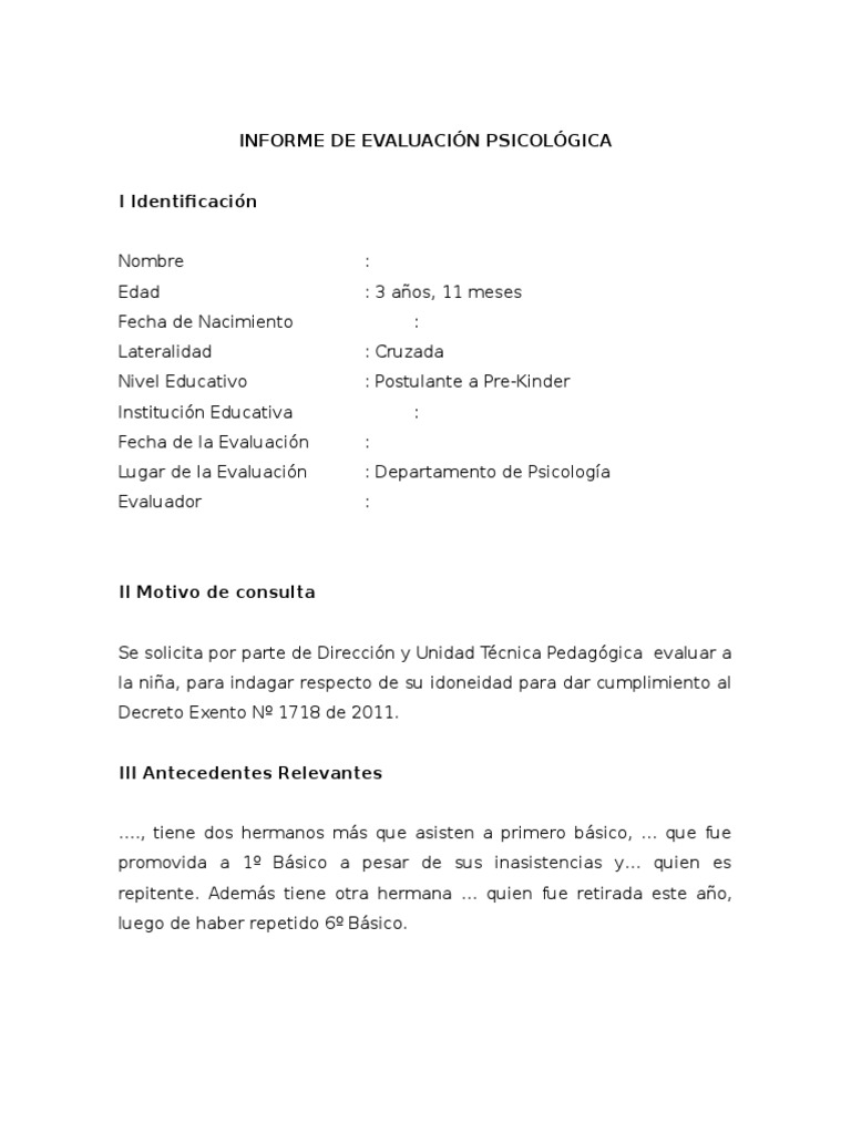 Modelo de Informe Psicológico | PDF | Sicología | Evaluación