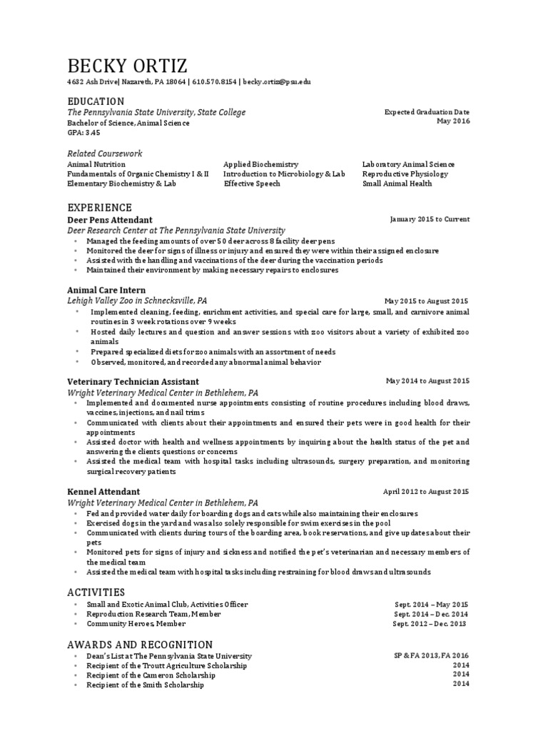 Becky Ortiz Resume | PDF | Pet | Veterinary Medicine