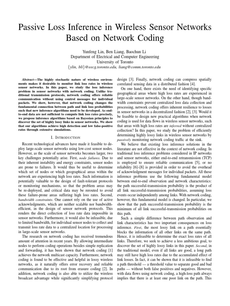 Passive Loss Inference in Wireless Sensor Networks Based On Network Coding | PDF | Wireless ...