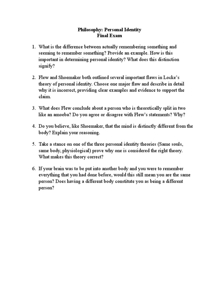 Philosophy Personal Identity Final Exam | PDF