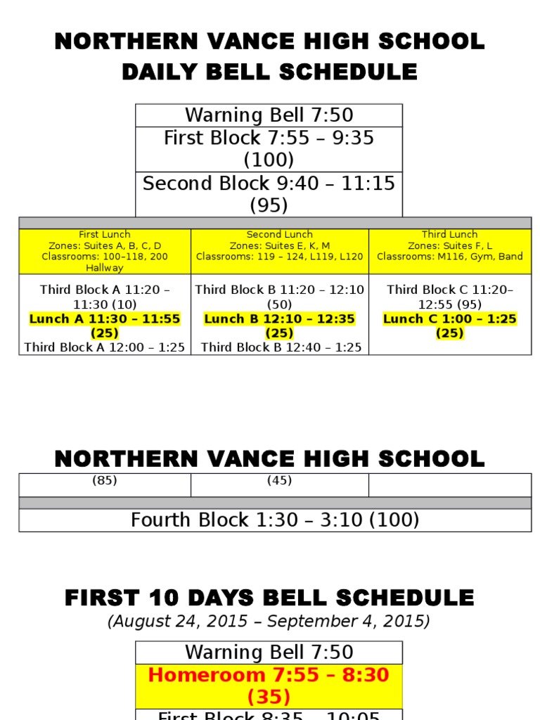Northern Vance High School Bell Schedule | PDF