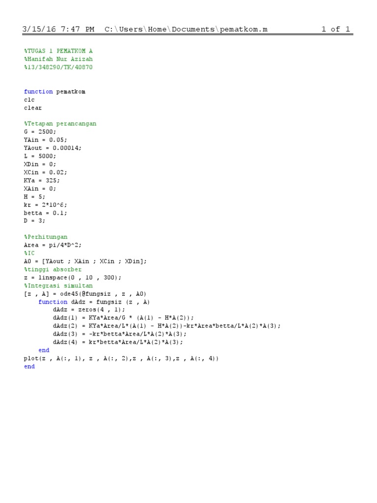 MATLAB Chemical Absorber Simulation | PDF