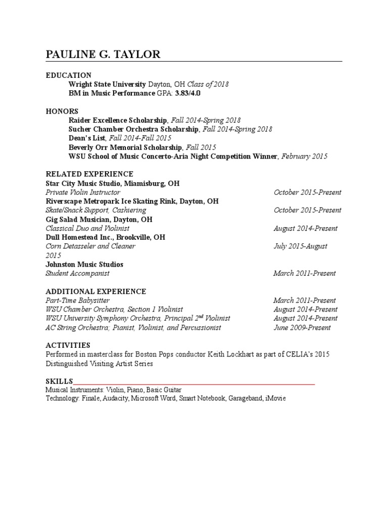 Pauline G. Taylor: Music Performance Resume | PDF