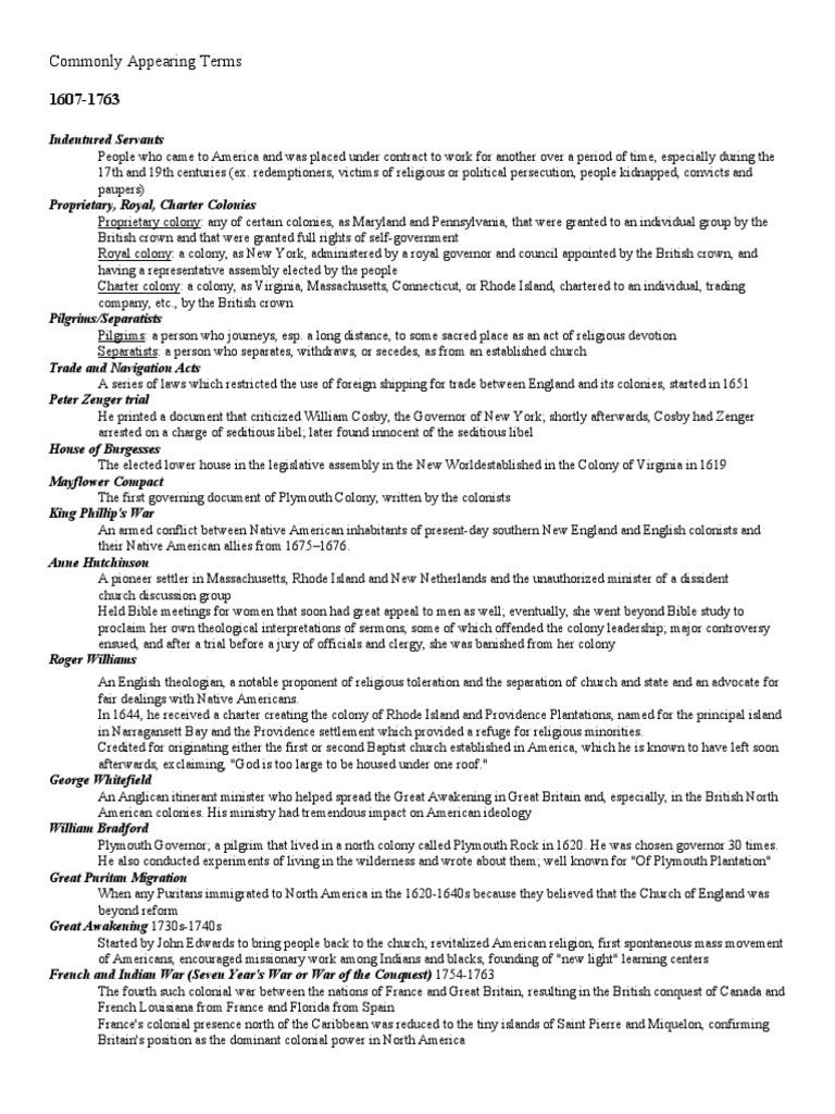 APUSH: Commonly Appearing Terms | PDF | Continental Congress | Colonial ...