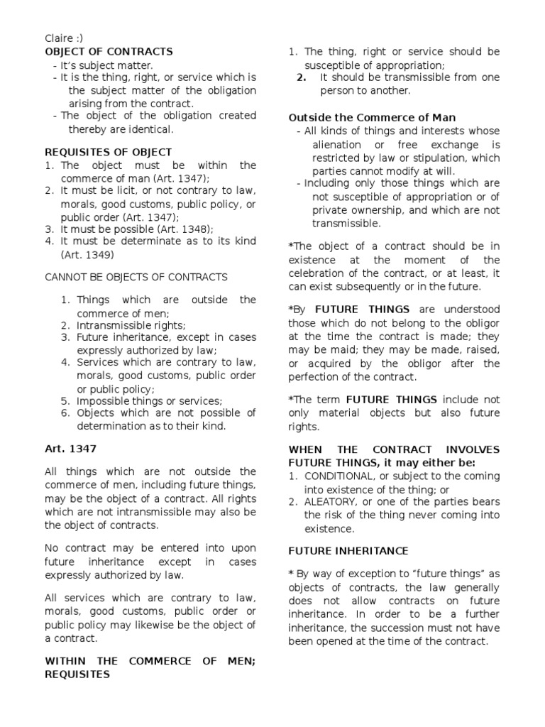 Object of Contracts | PDF | Consideration | Surety Bond