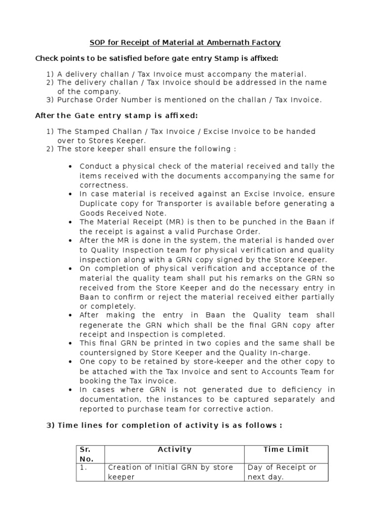 SOP For Material Inward - Inspection - Accounting | PDF