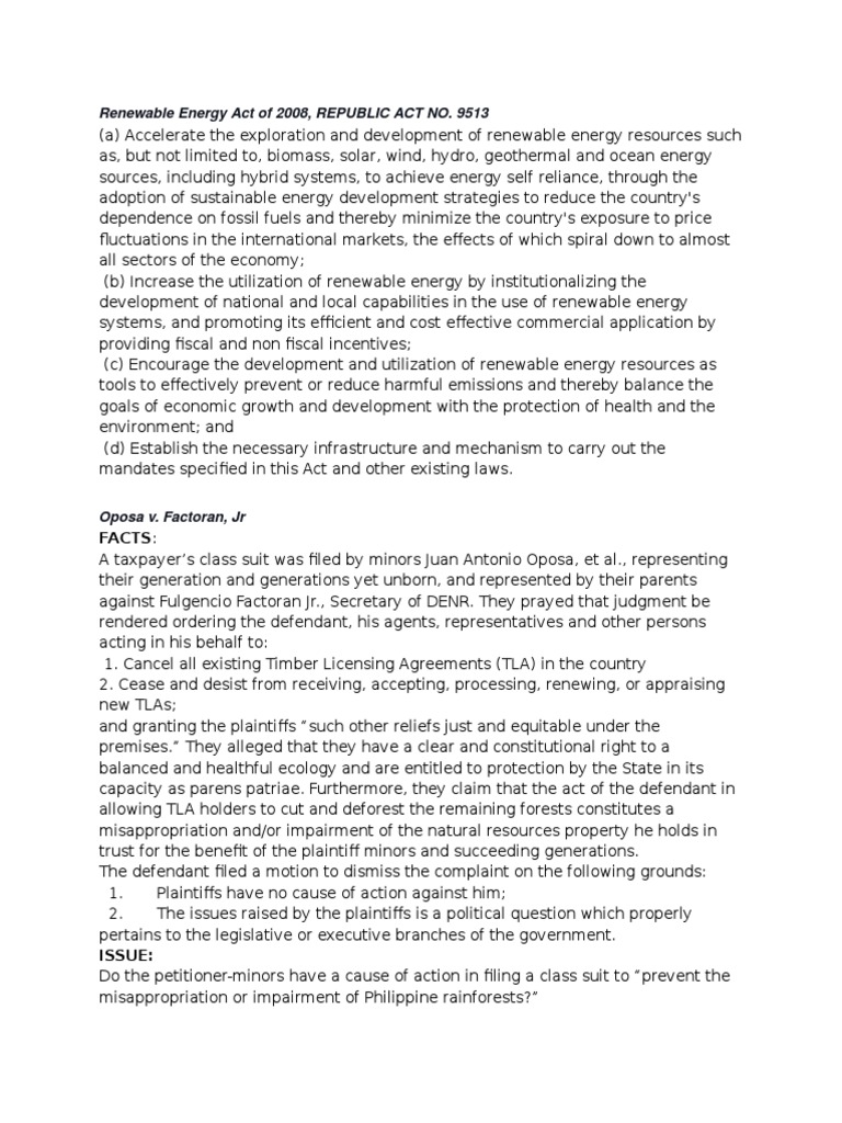 Renewable Energy Act of 2008, REPUBLIC ACT NO. 9513: Facts | PDF ...