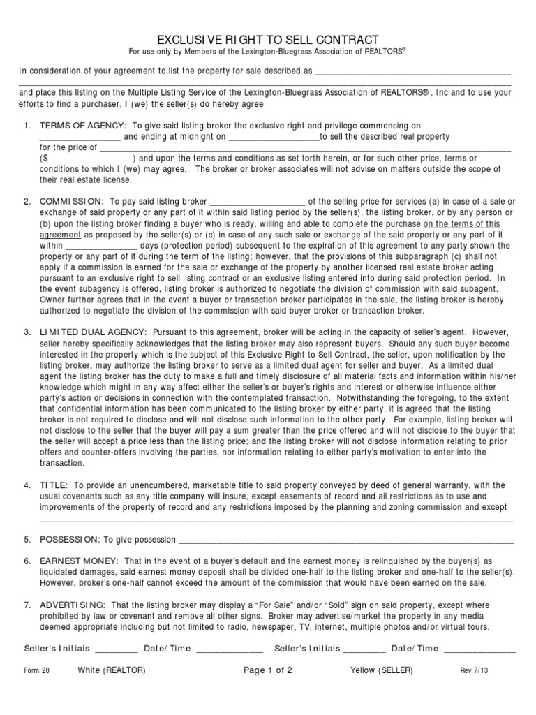 Exclusive Right To Sell Contract | PDF | Real Estate Broker | Civil Law ...