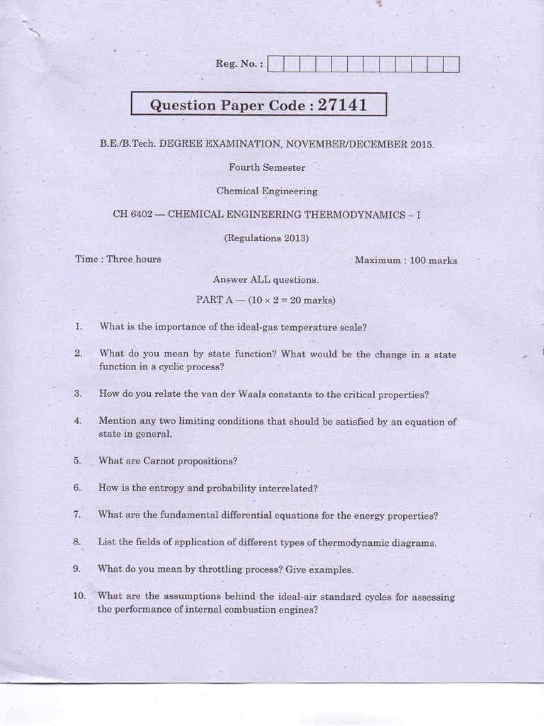 Anna University Question Paper Thermodynamics | PDF | Laws Of ...