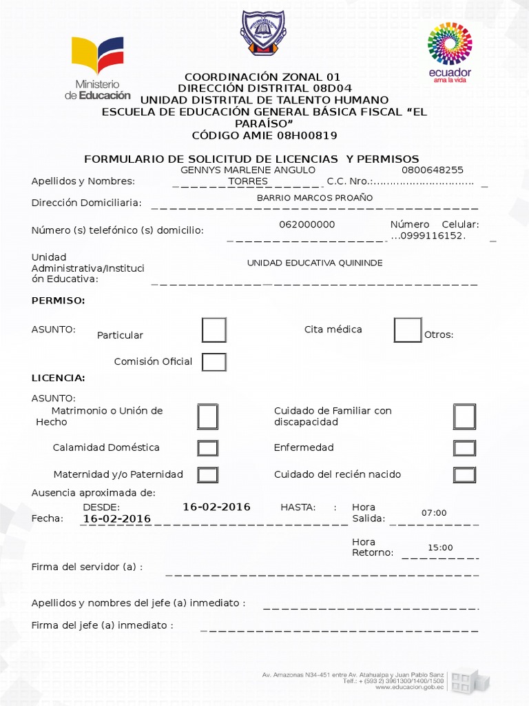 Formulario de Solicitud de Permisos y Licencias | PDF