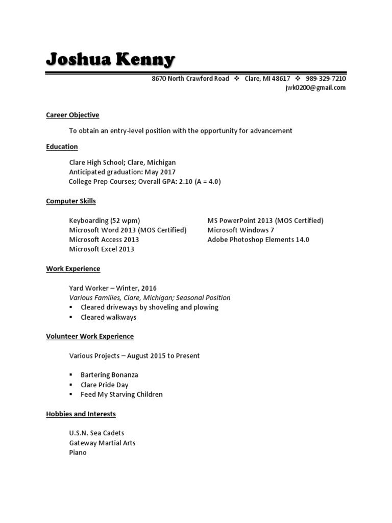 Entry-Level Resume for Joshua Kenny | PDF | Career & Growth