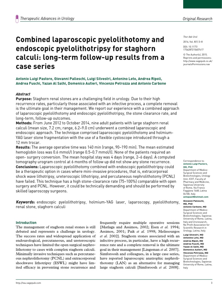 Combined Laparoscopic Pyelolithotomy and Endoscopic Pyelolithotripsy ...