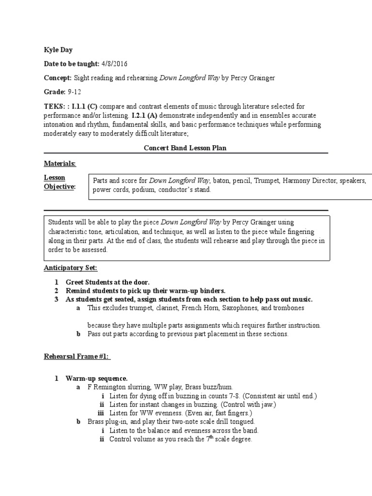 Concert Band Lesson Plan 1 | PDF | Rhythm | Brass Instruments