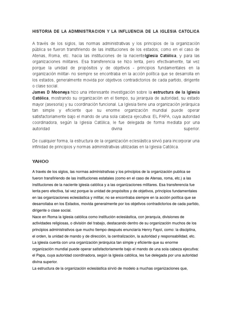Historia de La Administracion y La Influencia de La Iglesia Catolica ...
