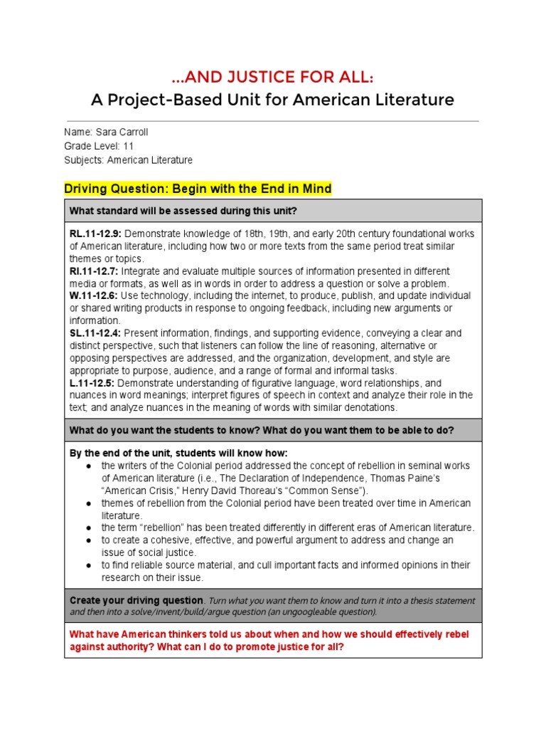 A Project-Based Unit For American Literature: ... and Justice For All ...