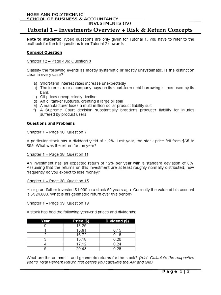 Tutorial 1 - Investment Overview N Risk Return Concepts (Student) | PDF ...