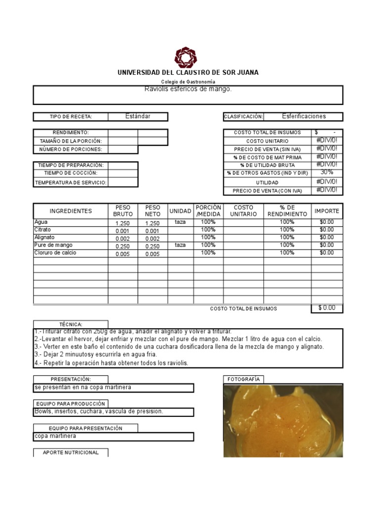 Raviolis Esféricos de Mango: Receta y Técnica | PDF
