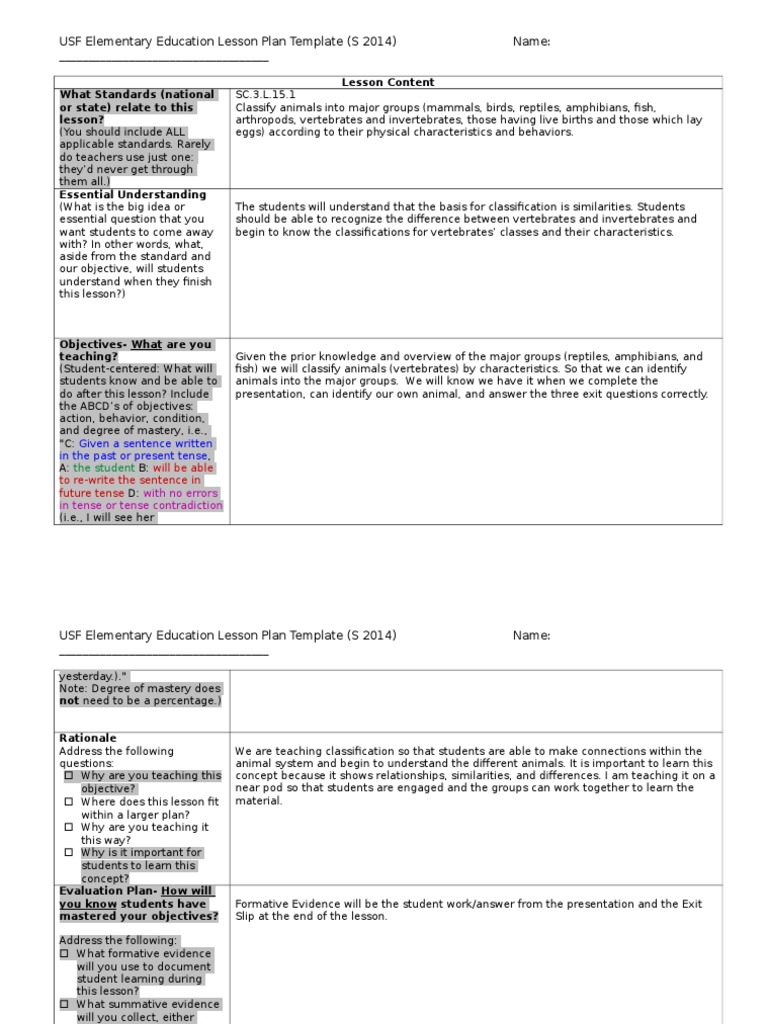 Science Classification of Animals Lesson Plan 4 14 | PDF | Lesson Plan ...
