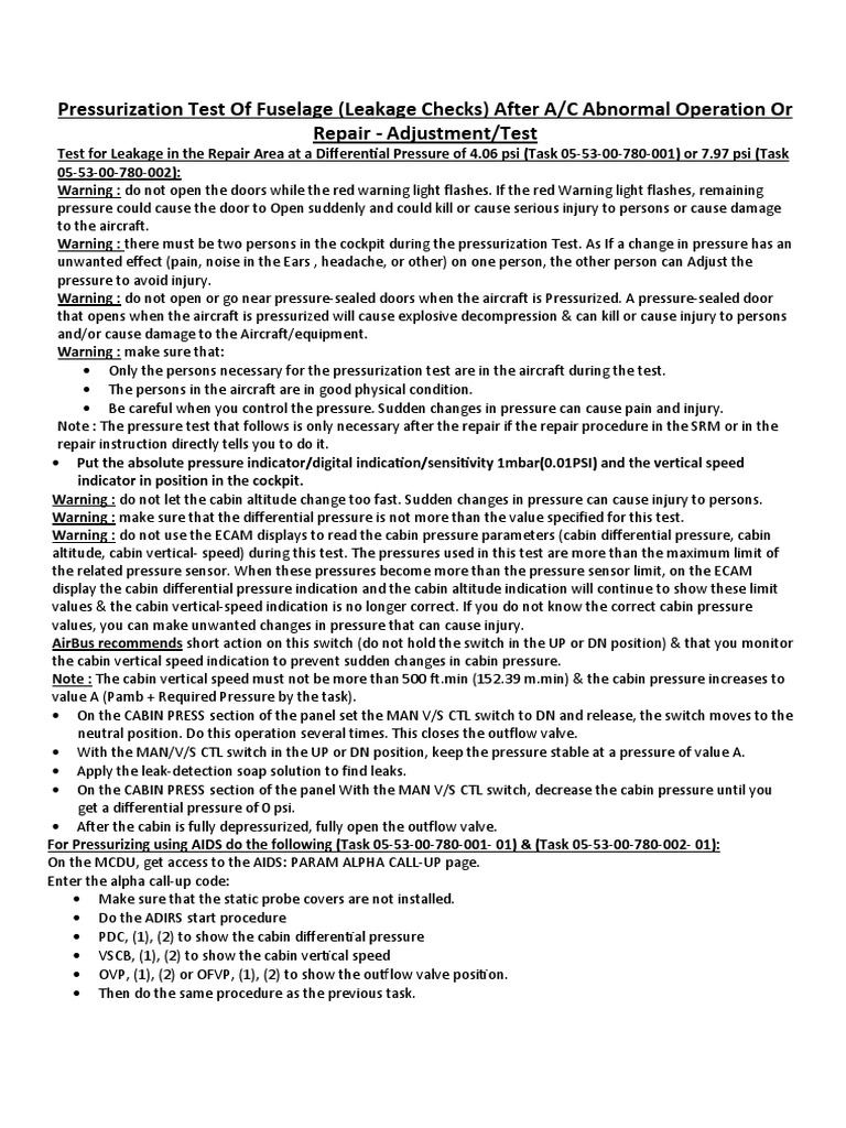 A320 Fuselage Pressurization Test Guide | PDF | Aircraft | Aerospace ...