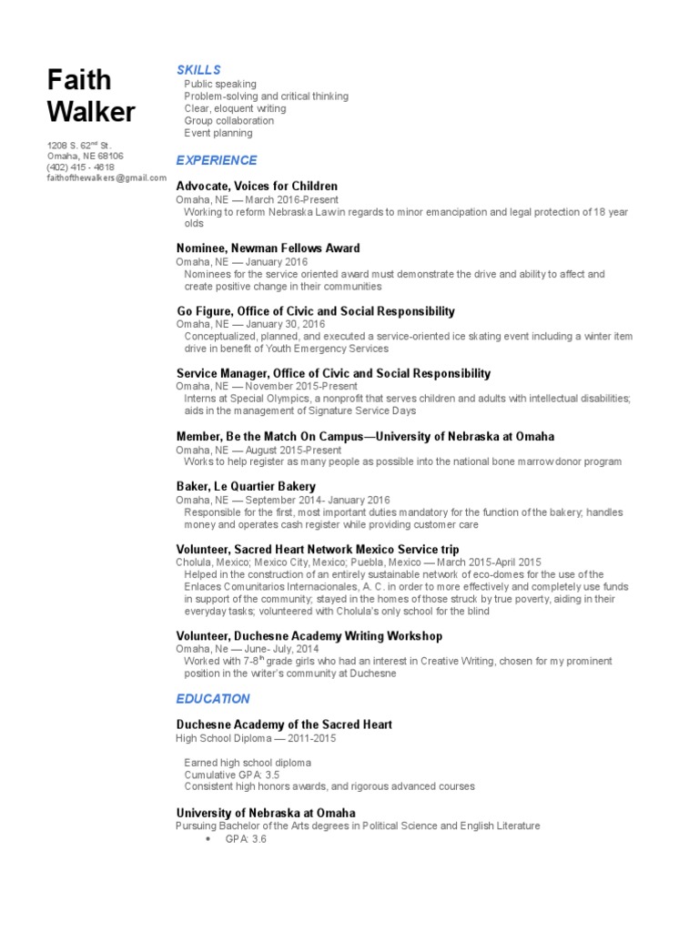 Faith Walker's Advocacy and Skills Profile | PDF