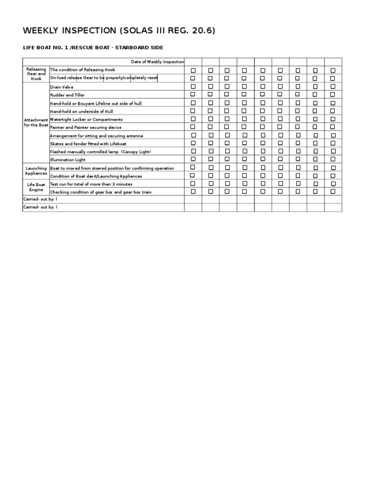 Weekly Inspection (Solas Iii Reg. 20.6) : Life Boat No. 1 /rescue Boat ...